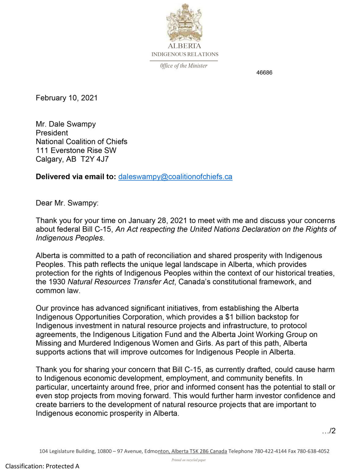Alberta Indigenous Relations Letter to NCC - National Coalition of Chiefs