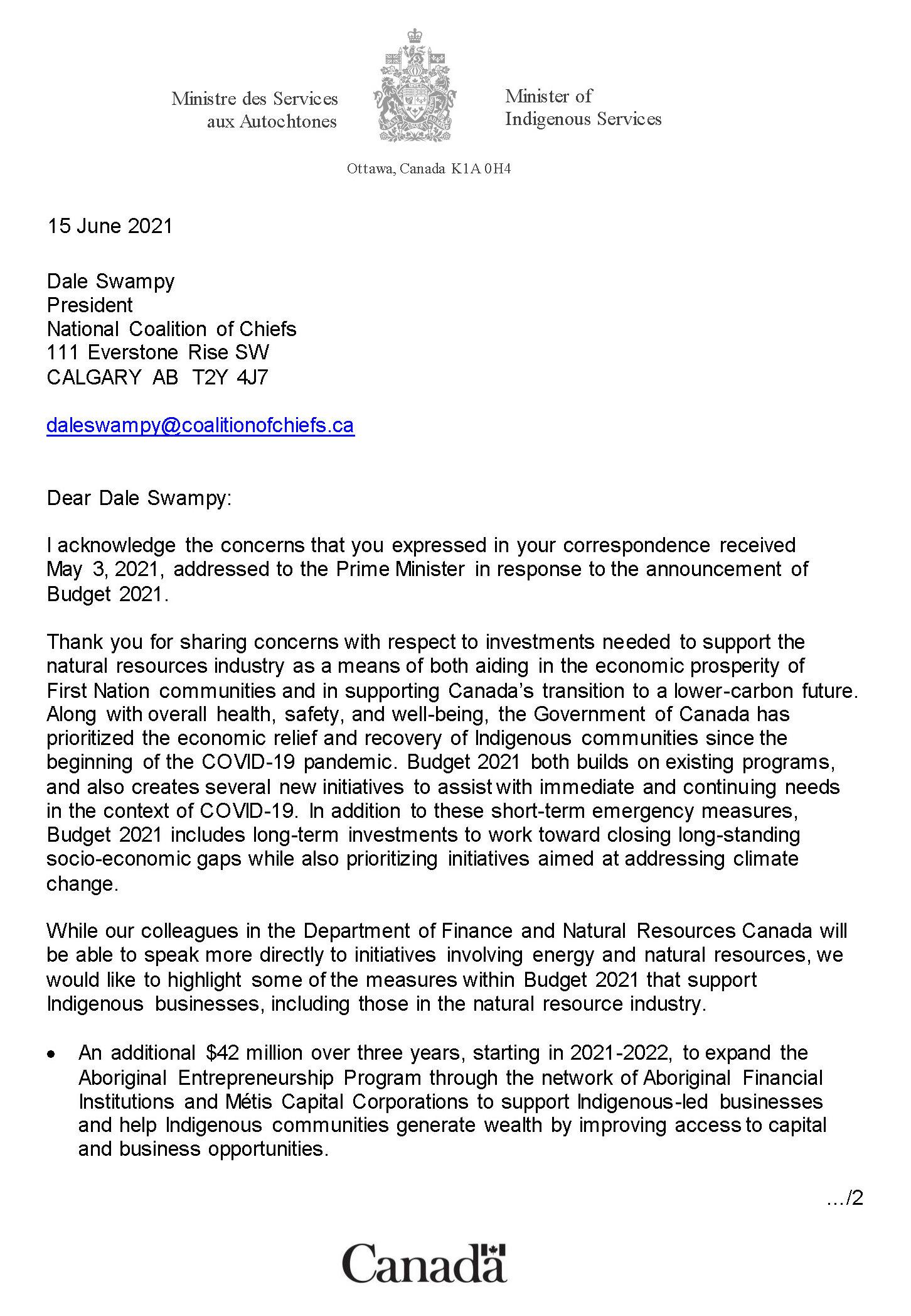 The Honourable Marc Miller, PC, MP writes to the NCC - National ...